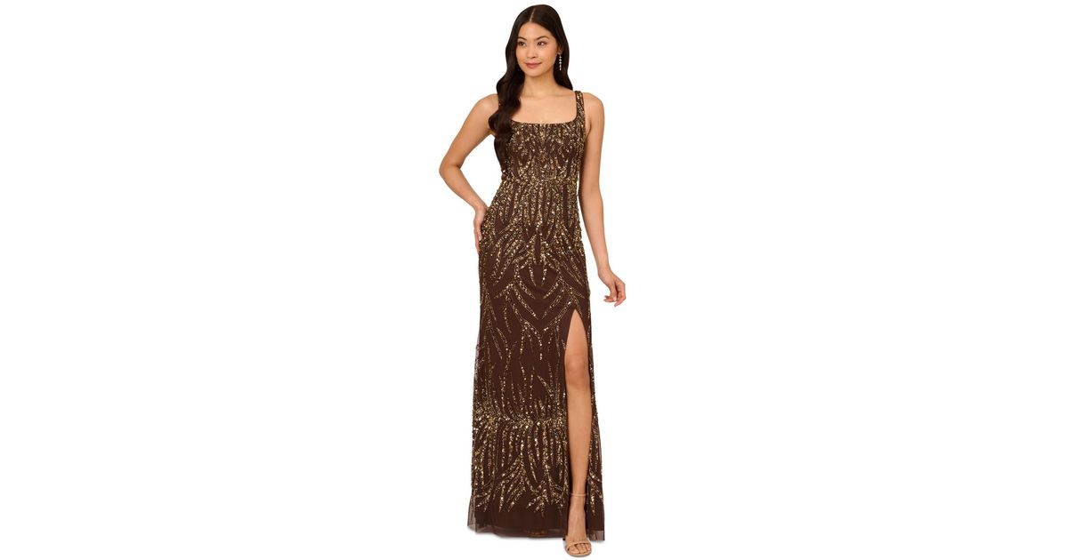 Adrianna Papell Square-neck Embellished Gown in Brown | Lyst