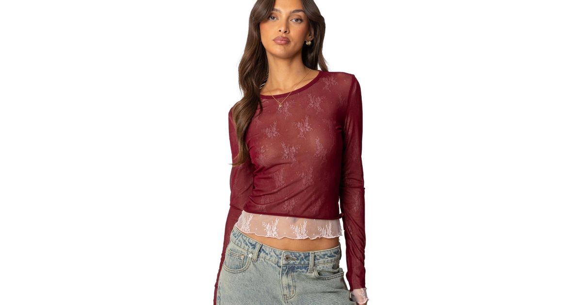 Edikted Lacey Sheer Mesh Crew Neck Top in Red | Lyst