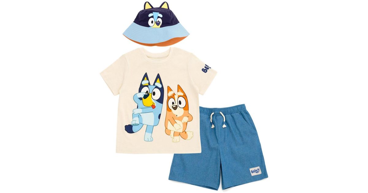 Bluey Boys T-shirt Chambray Shorts And Twill Bucket Sun Hat 3 Piece ...