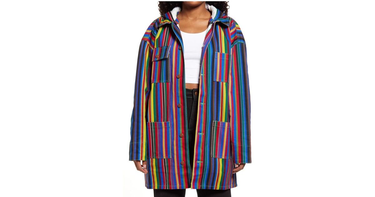 Cross Colours Stripe Hooded Barn Jacket in Blue for Men | Lyst