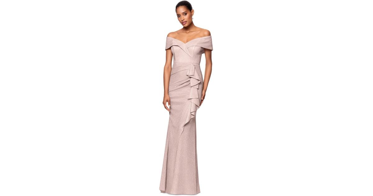 Xscape Metallic Off-the-shoulder Ruffled Gown in White | Lyst