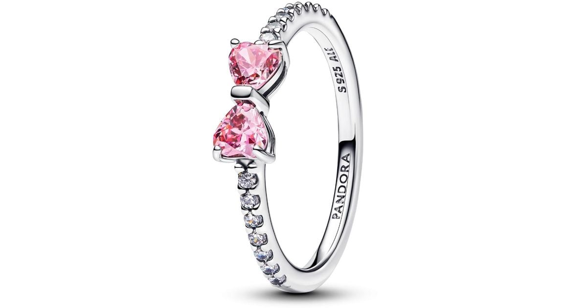 PANDORA Sparkling Pink Bow Ring in White | Lyst