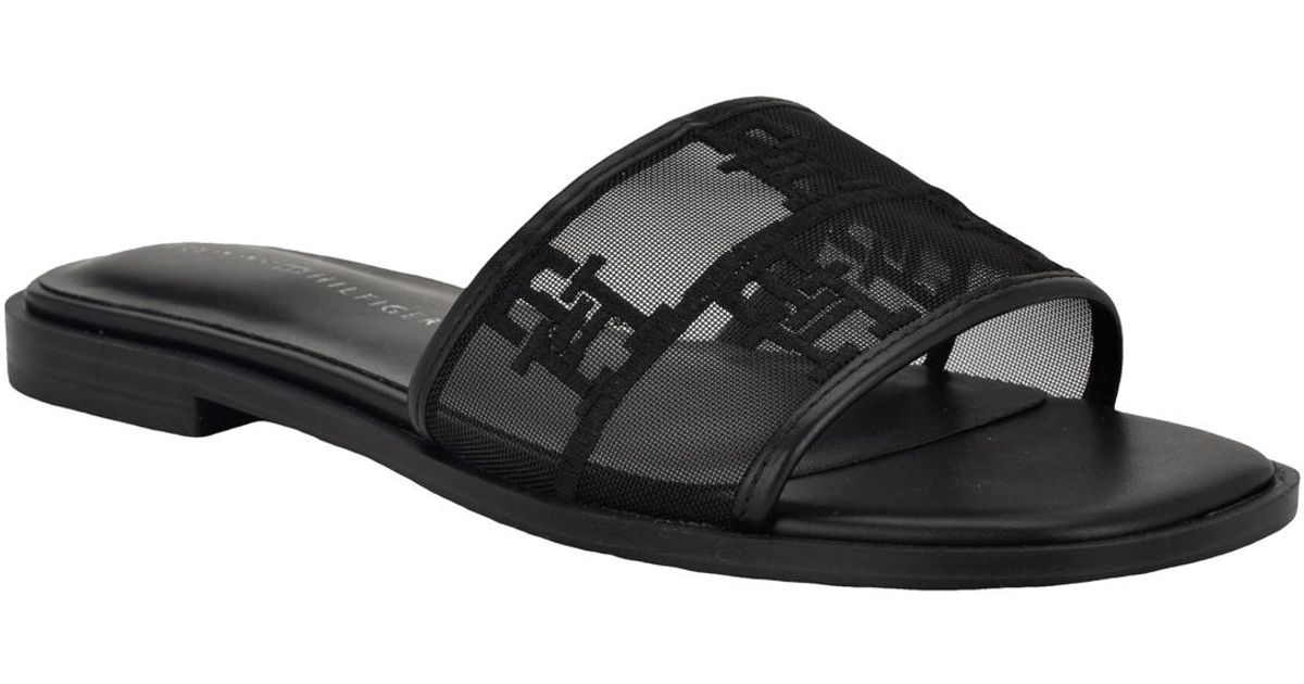 Tommy Hilfiger Tesia Mesh Logo Flat Slide Sandals in Black | Lyst