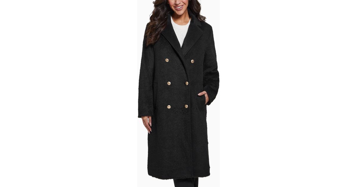 Guess Textured Double-breasted Notched-collar Coat in Black | Lyst
