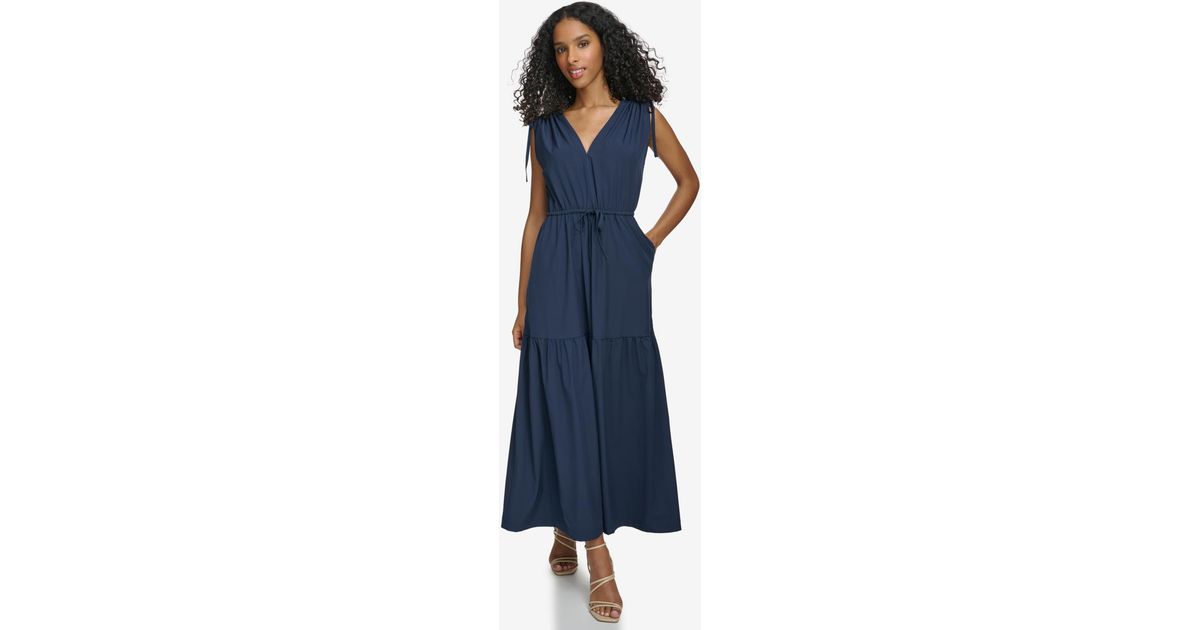 Calvin Klein Tie-shoulder Tiered Midi Dress in Blue | Lyst