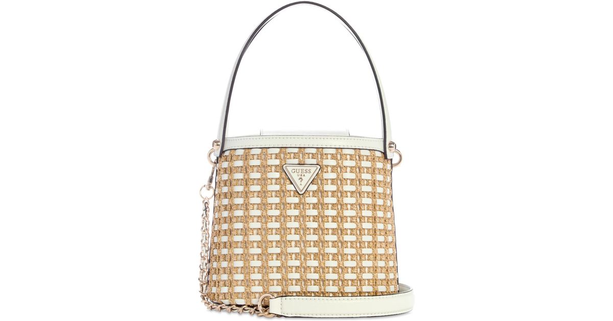 Guess Atalia Mini Raffia Crossbody Bucket Bag in Metallic | Lyst