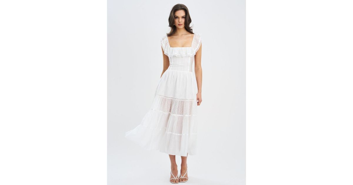 Miss Circle Eden Square Neck Ruffle Trim High Waist Midi Dress in White ...