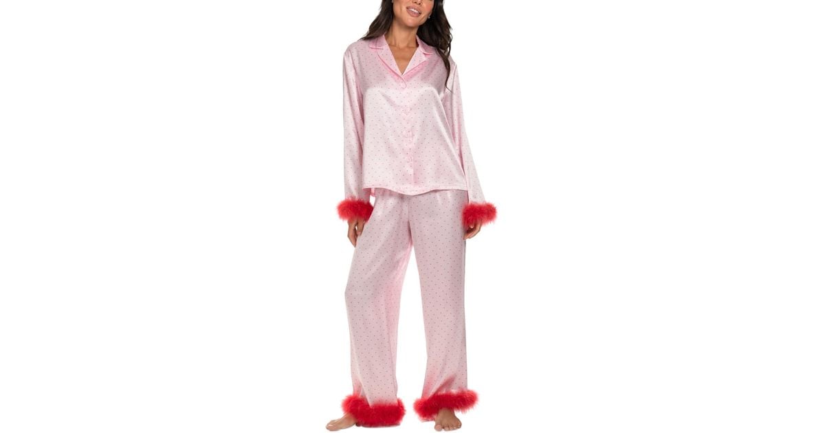 Linea Donatella Marabou Faux-fur Trimmed Pajama Set in Red | Lyst