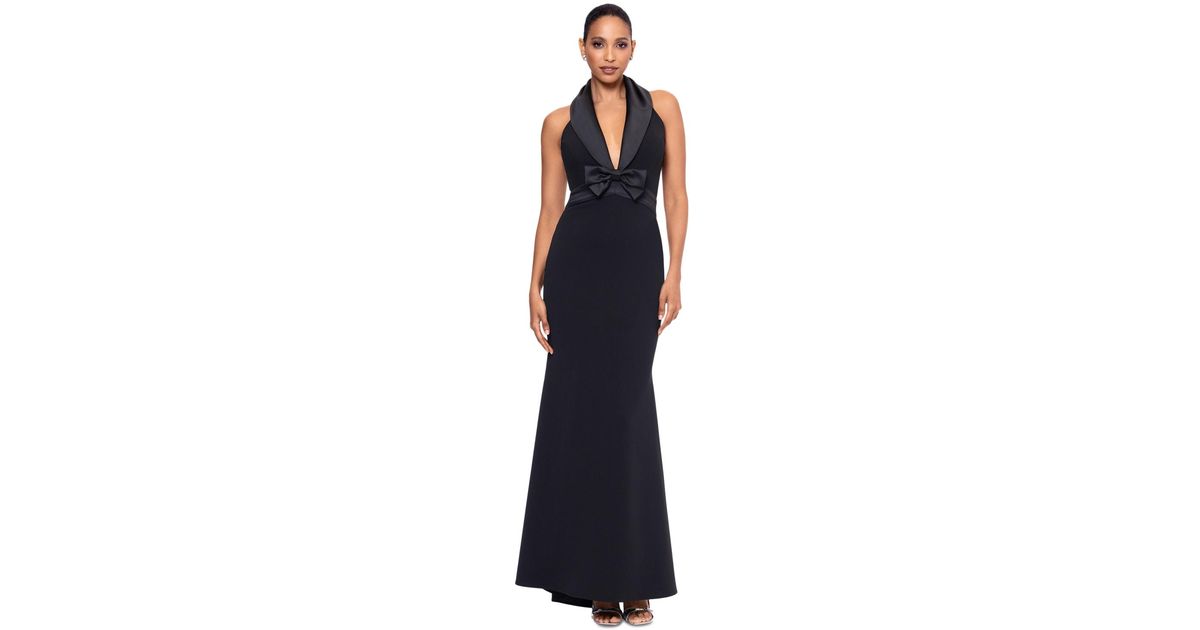Betsy & Adam Bow-trim Shawl-collar Gown in Blue | Lyst