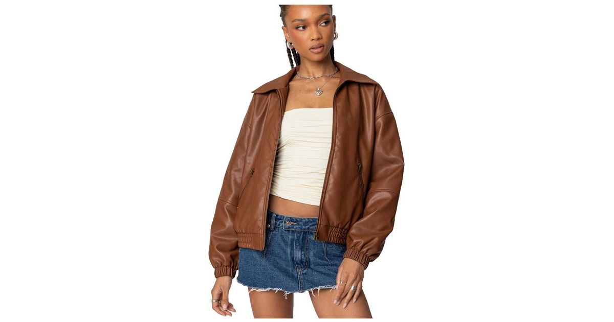 Edikted Halley Faux Leather Bomber Jacket in Brown | Lyst