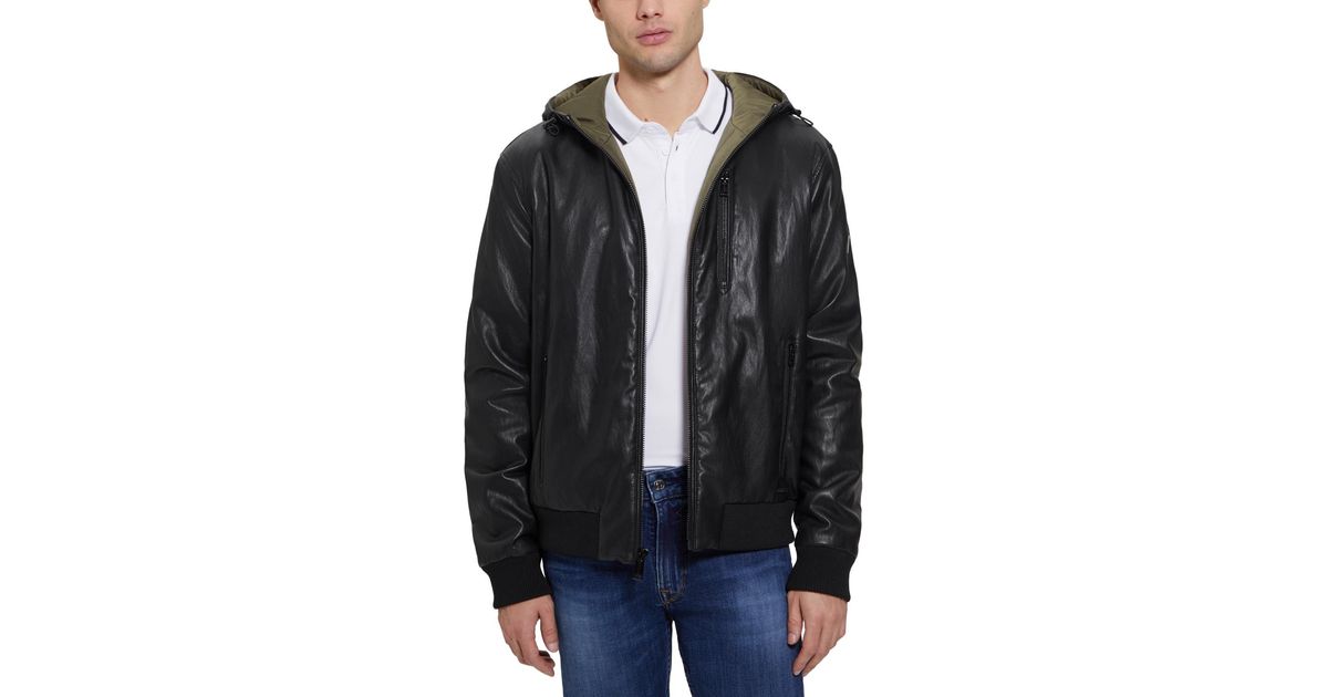 Guess Gary Faux Leather Hooded Jacket in Black for Men | Lyst