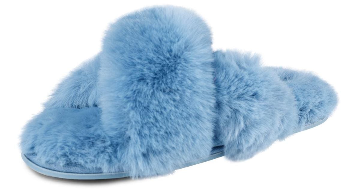 Jessica Simpson Extra Soft High Plush Cross Band Slide Slippers in Blue ...