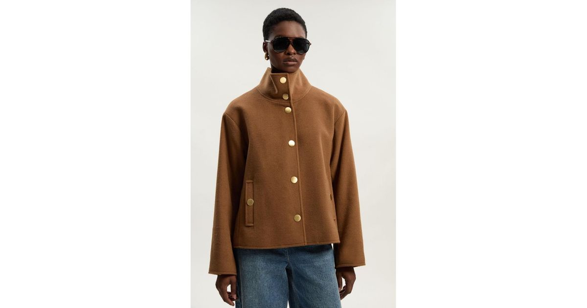 Karen Millen Brushed Wool Funnel Neck Short Coat in Brown | Lyst