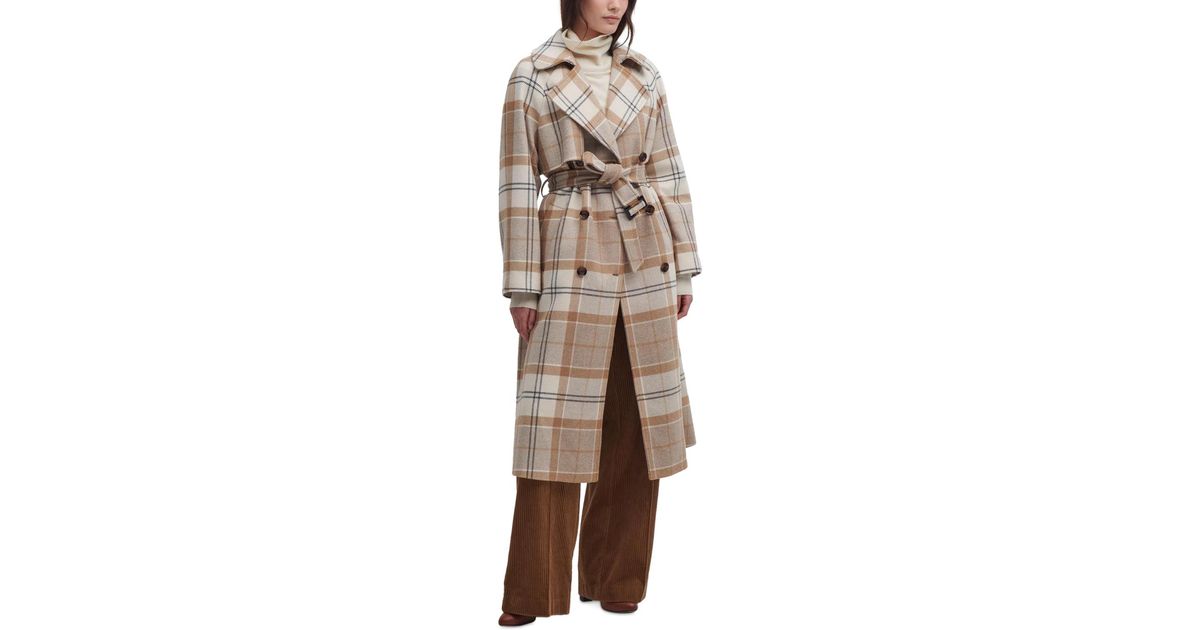 Barbour Claudette Belted Plaid Double-breasted Coat in Natural | Lyst