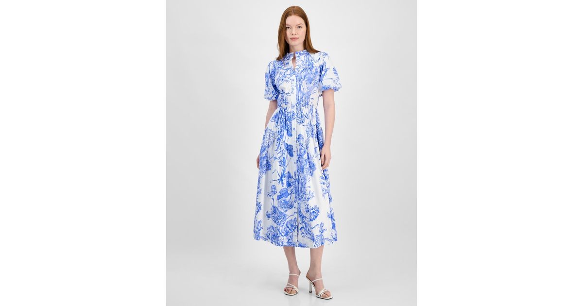 Tahari Puff-sleeve Button-front Midi Dress in Blue | Lyst