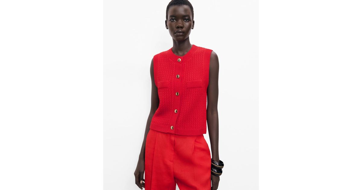Mango Buttoned Chunky-knit Vest in Red | Lyst