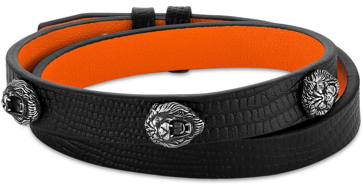 Bulova X Marc Anthony Lion Head Studded Leather Wrap Bracelet in Orange ...