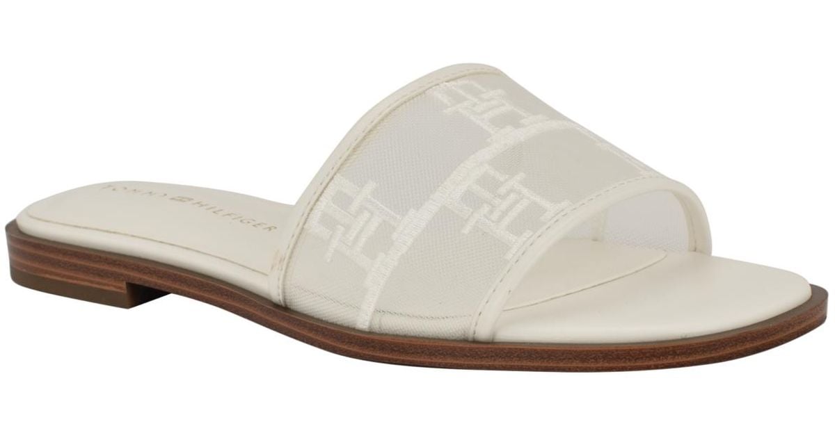 Tommy Hilfiger Tesia Mesh Logo Flat Slide Sandals in White | Lyst