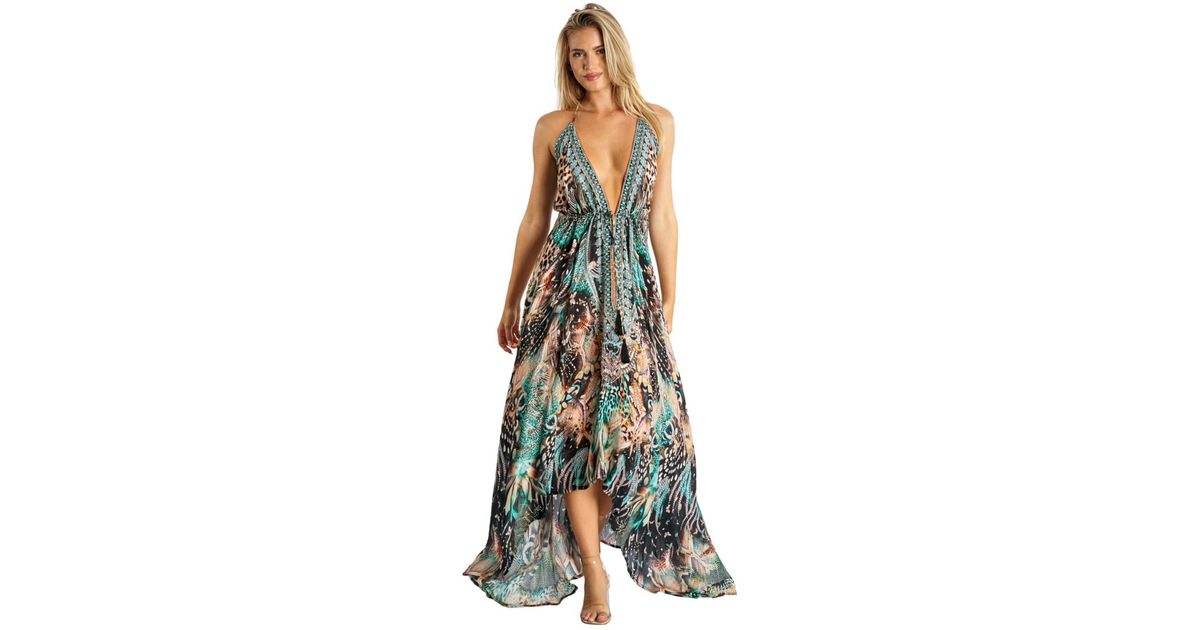 La Moda Clothing Maxi Abstract Print Halterneck Dress in White | Lyst