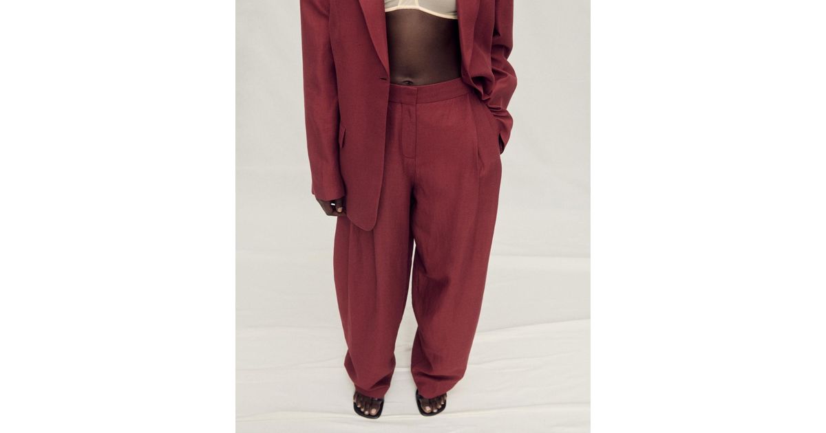 Mango Wide Leg Linen-blend Suit Pants in Red | Lyst