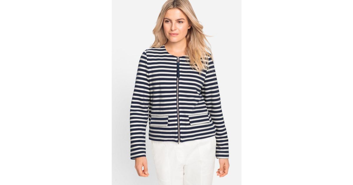 Olsen Striped Collarless Zip Front Jacket in Blue | Lyst