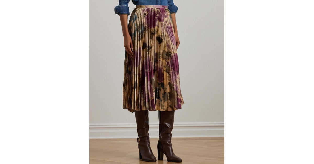 Ralph Lauren Pleated Satin Midi Skirt in Natural | Lyst