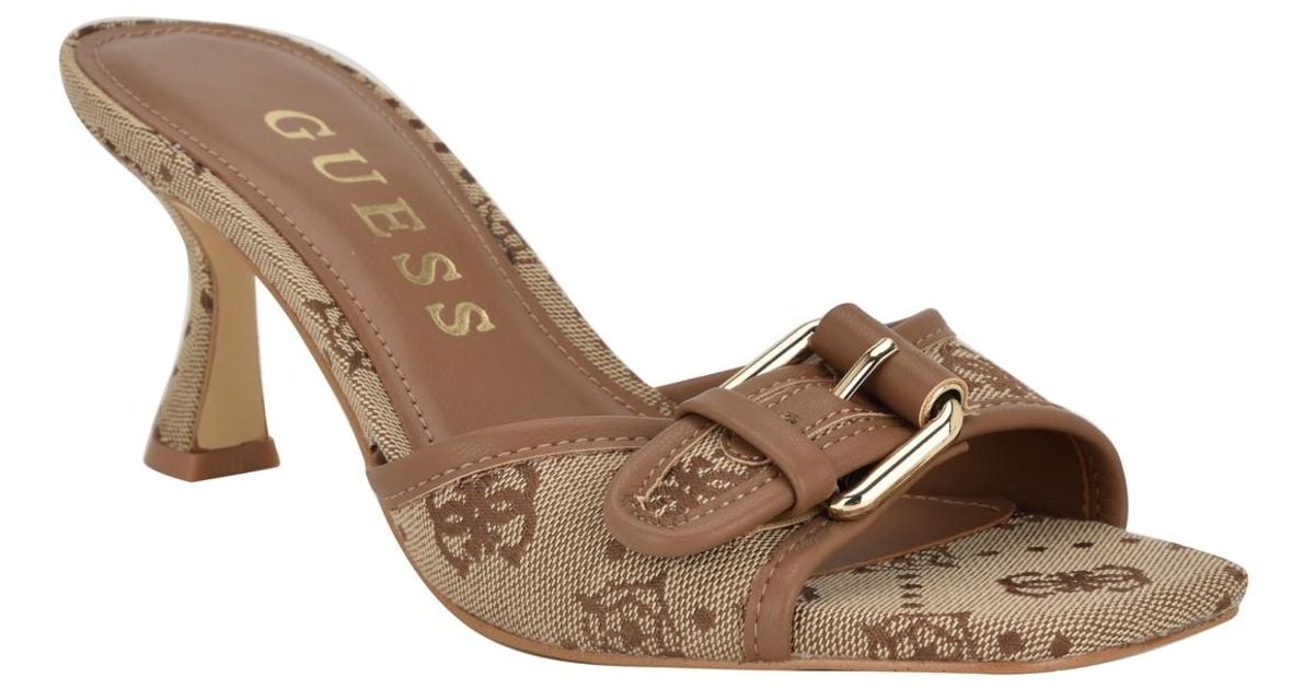 Guess Dista Buckle Kitten Heel Sandals in Brown | Lyst