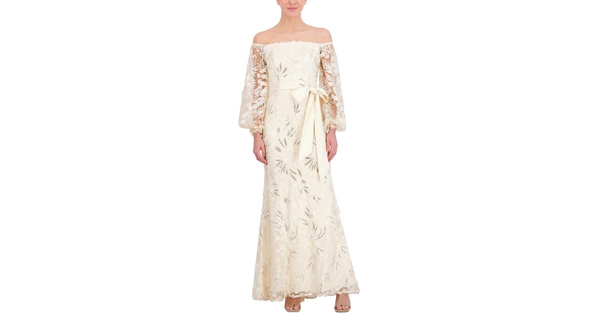 Eliza J Sequin Embroidered Balloon Sleeve Gown In Natural Lyst