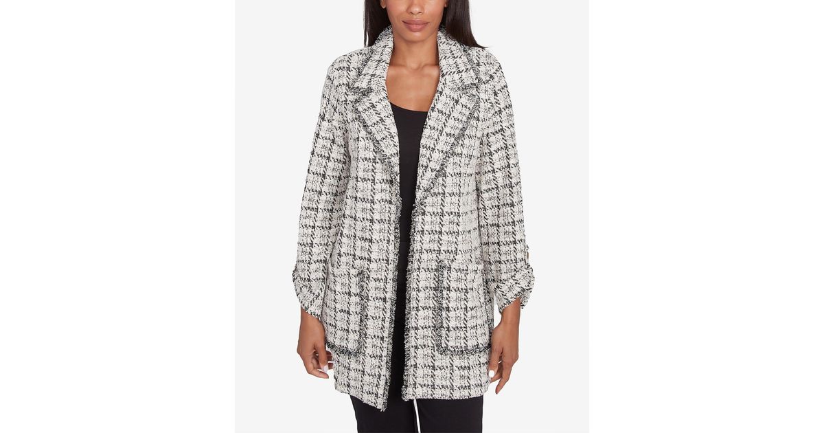 Ruby Rd. Petite Notch Collar Metallic Tweed Boucle Jacket in Gray | Lyst