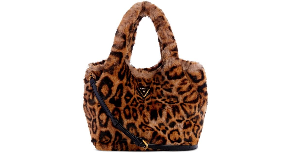 Guess Samia Faux-fur Small Tote in Brown | Lyst