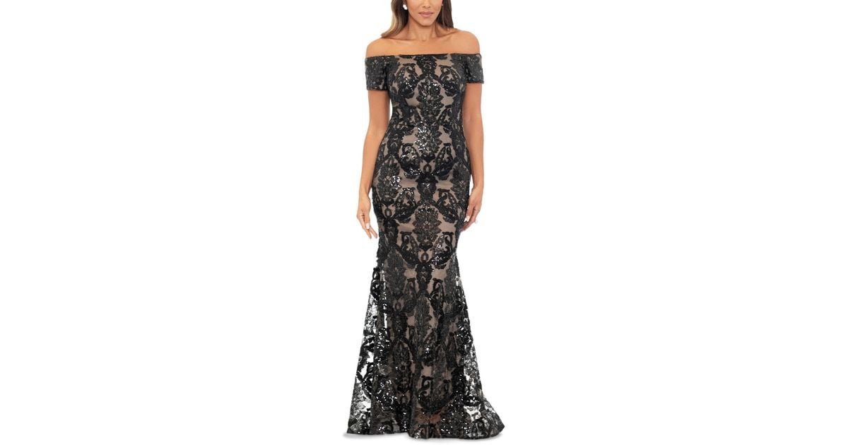 Xscape Sequined Mesh Off-the-shoulder Gown in Black | Lyst