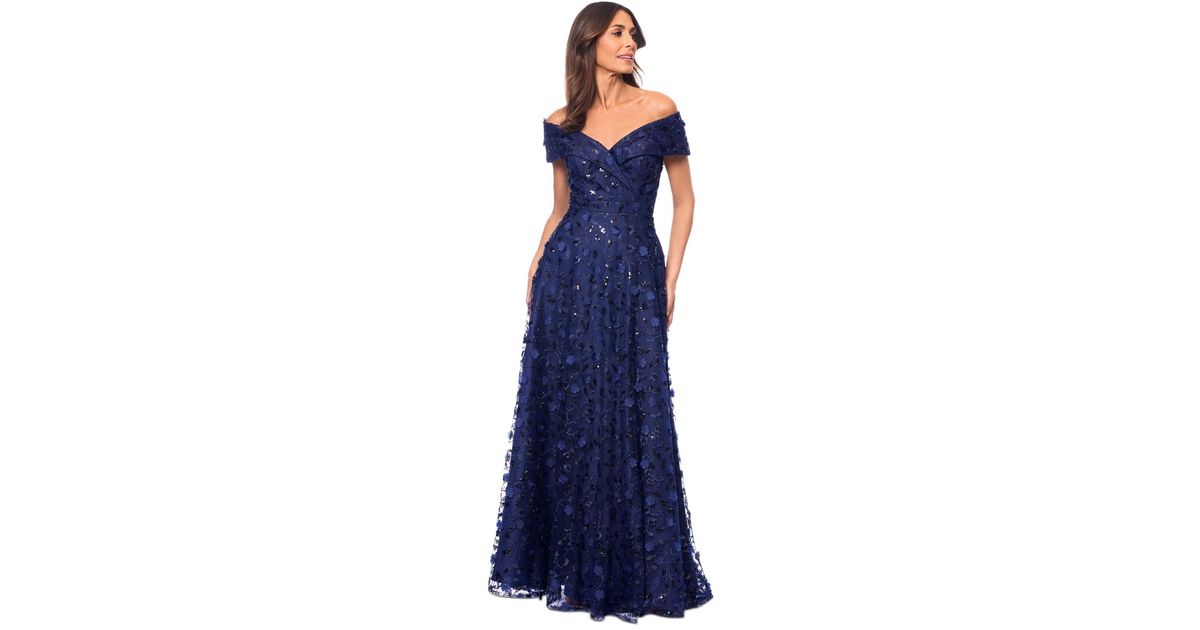 Xscape 3d Floral Embroidered Off-the-shoulder Gown in Blue | Lyst