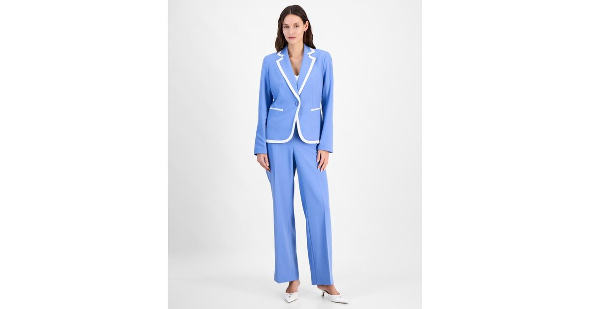 Le Suit Contrast-tipped Pant Suit Regular & Petite Sizes in Blue | Lyst