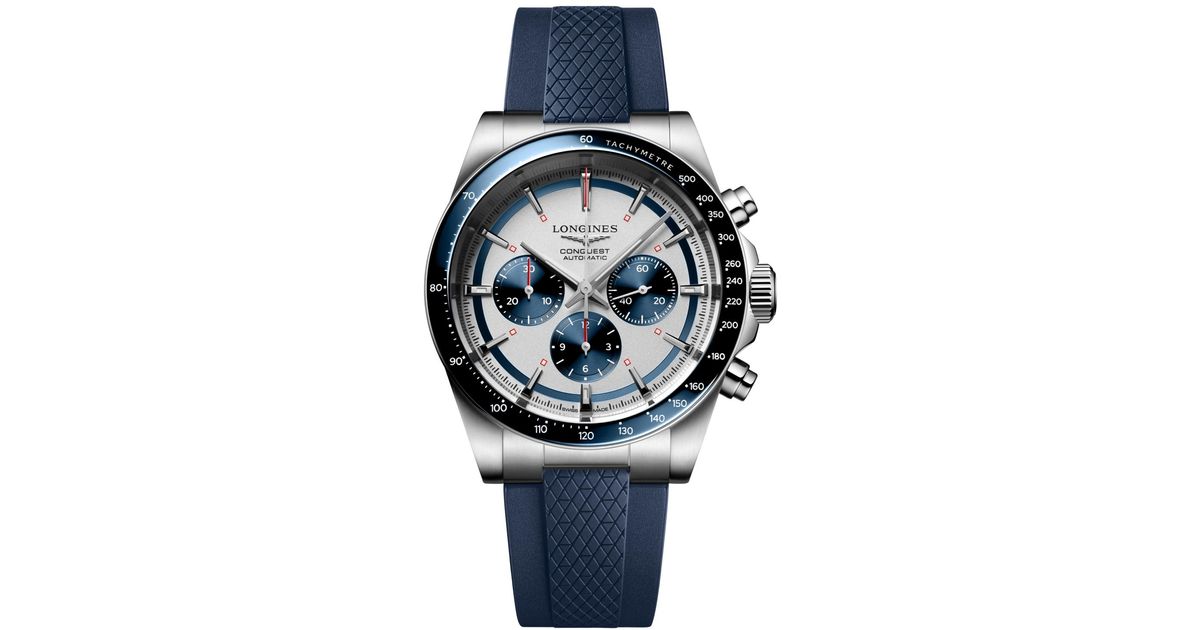 Longines Swiss Automatic Chronograph Conquest Blue Rubber Strap Watch ...