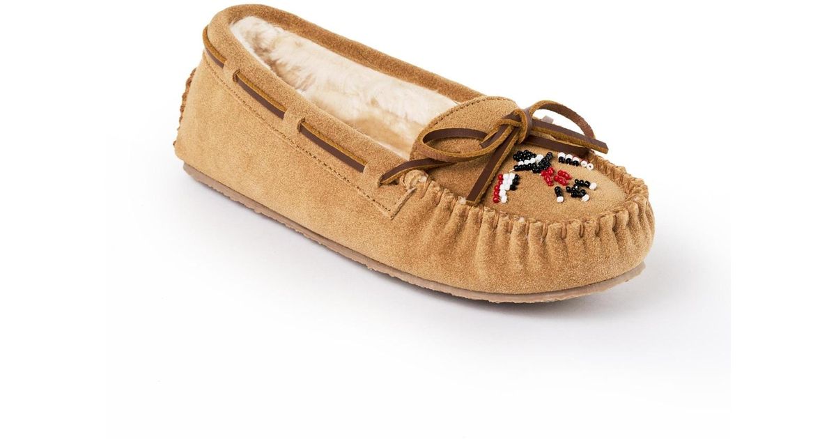 Minnetonka Cally Thunderbird Animikii Suede Beaded Slippers in Natural ...