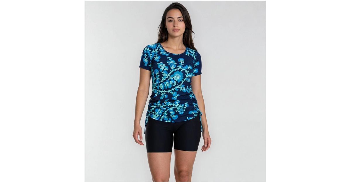 Calypsa Short Sleeve Adele Swim Top And Black Mid-thigh Swim Shorts Set ...