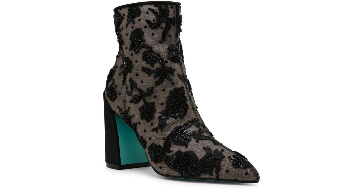 Betsey Johnson Merri Mesh Embellished Block Heel Booties in Black | Lyst