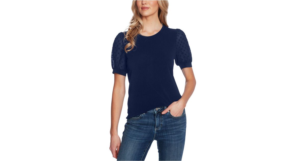 Cece Short Puff Sleeve Mixed Media Knit Top In Blue Lyst