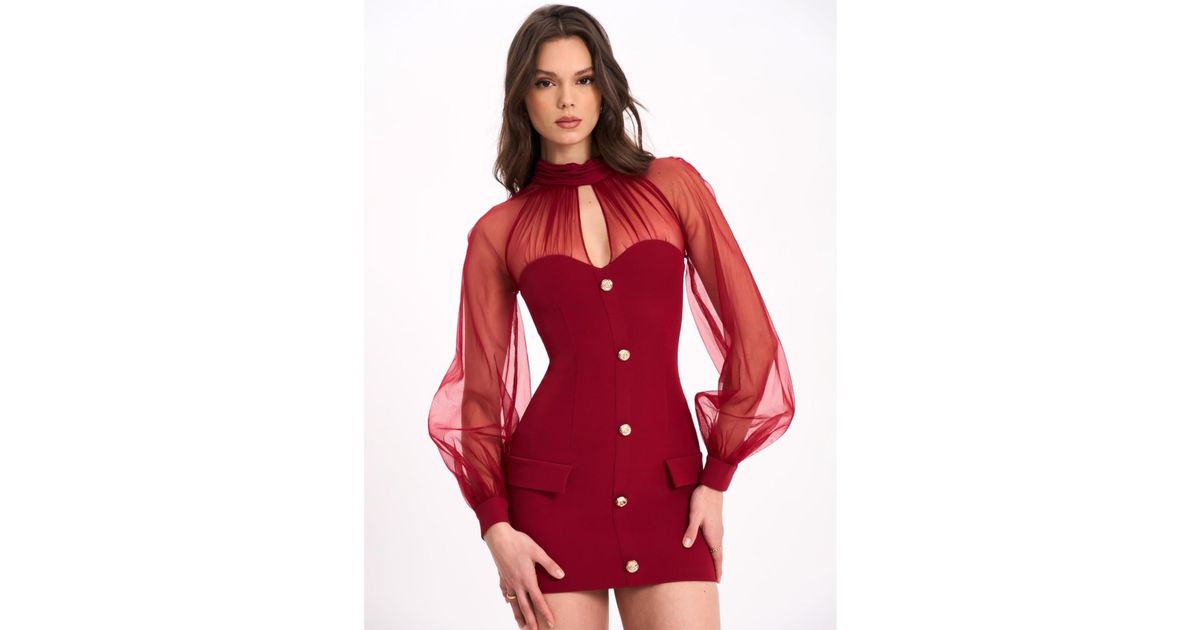 Miss Circle Tabitha Burgundy Mesh Lantern Sleeve Mini Dress in Red | Lyst