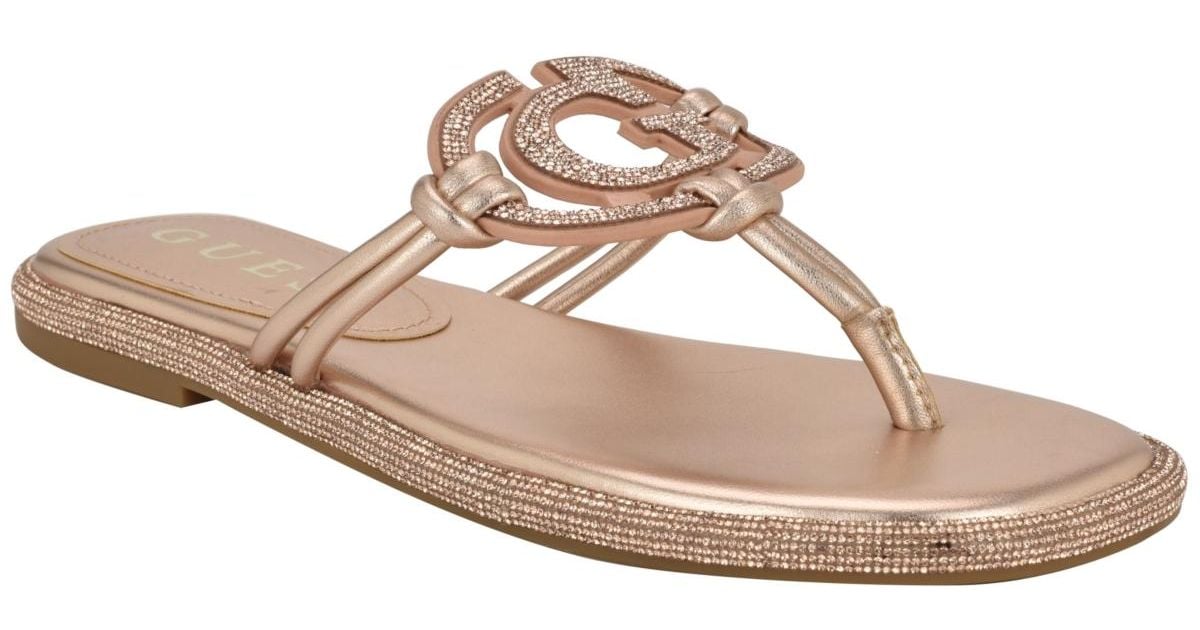 Guess Saima G Cutout Rhinestone Embellished Thong Flat Sandals in White ...