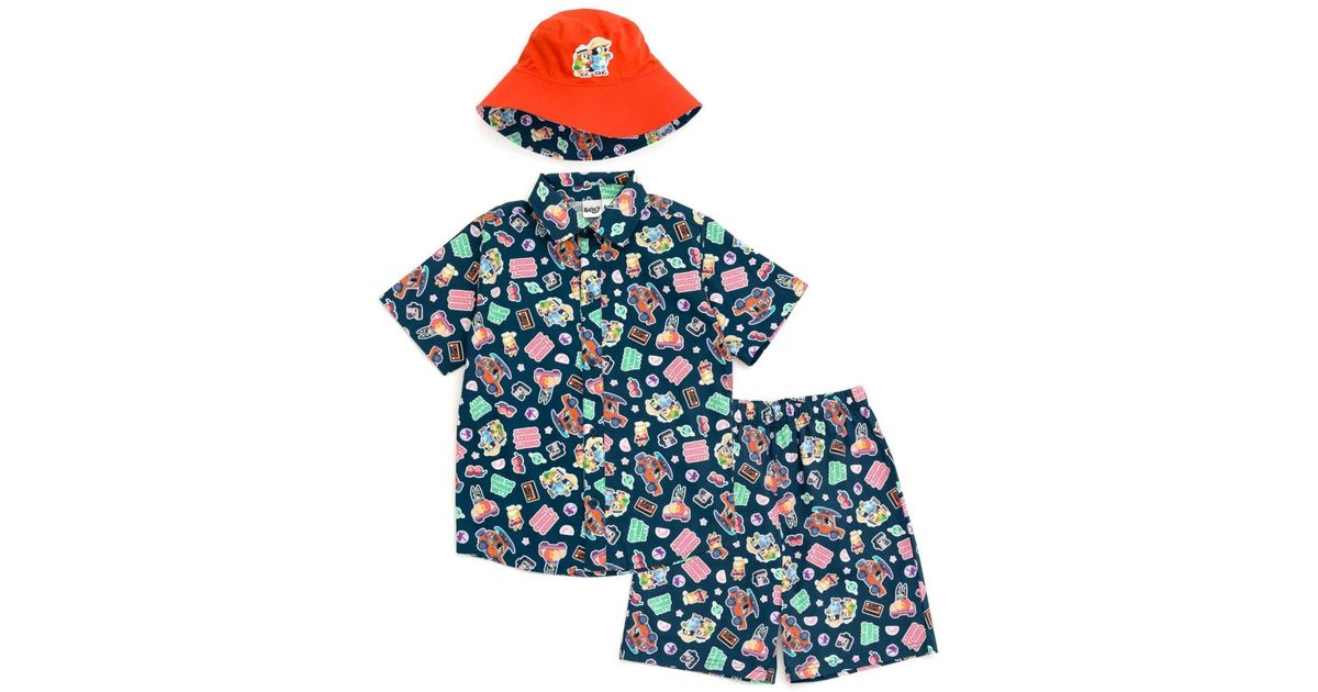 Bluey Toddler Boys Button Down Shirt Shorts And Bucket Sun Hat 3 Piece ...