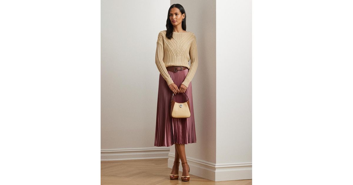 Ralph Lauren Pleated Satin Charmeuse Skirt in Natural | Lyst
