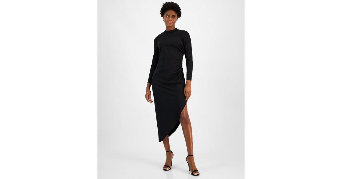 Anne Klein Mock-neck Asymmetrical-hem Dress in Black | Lyst