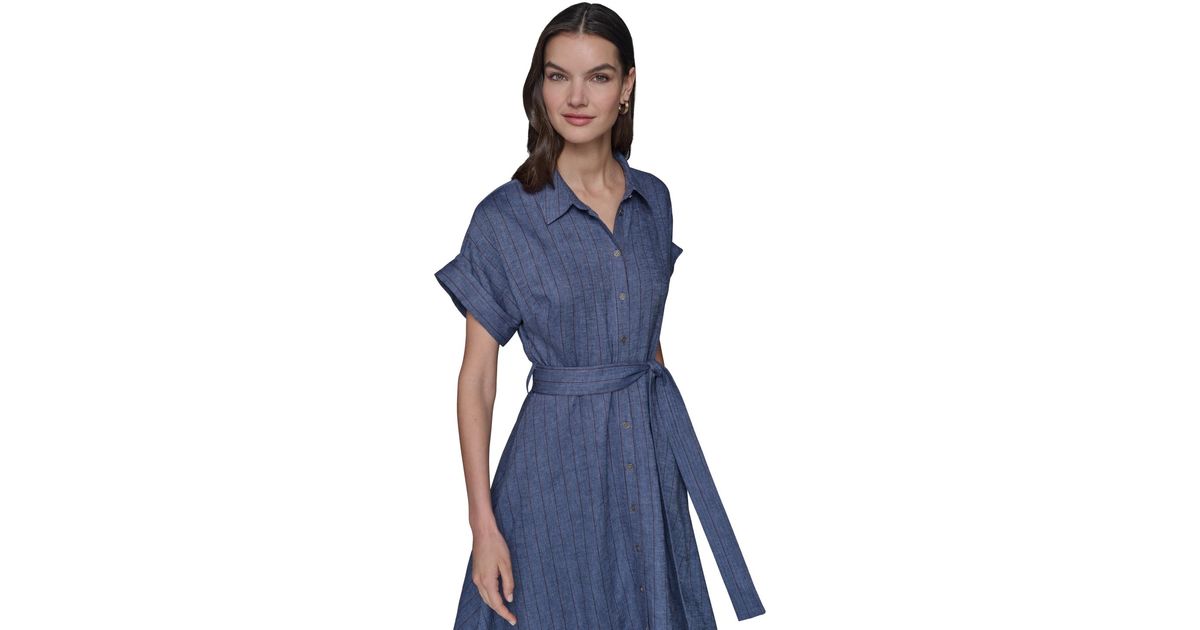 Karl Lagerfeld Karl Lagerfeld Belted Pinstripe Midi Dress in Blue | Lyst