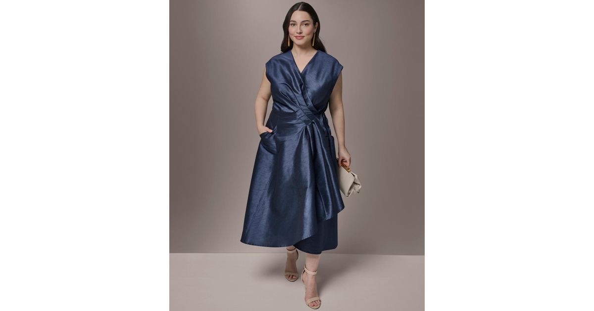 Donna Karan Plus Size Shantung Fit And Flare V-neck Wrap Dress in Blue ...