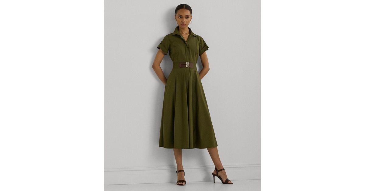 Ralph Lauren Buckle-trim Stretch-cotton Blend Dress in Green | Lyst