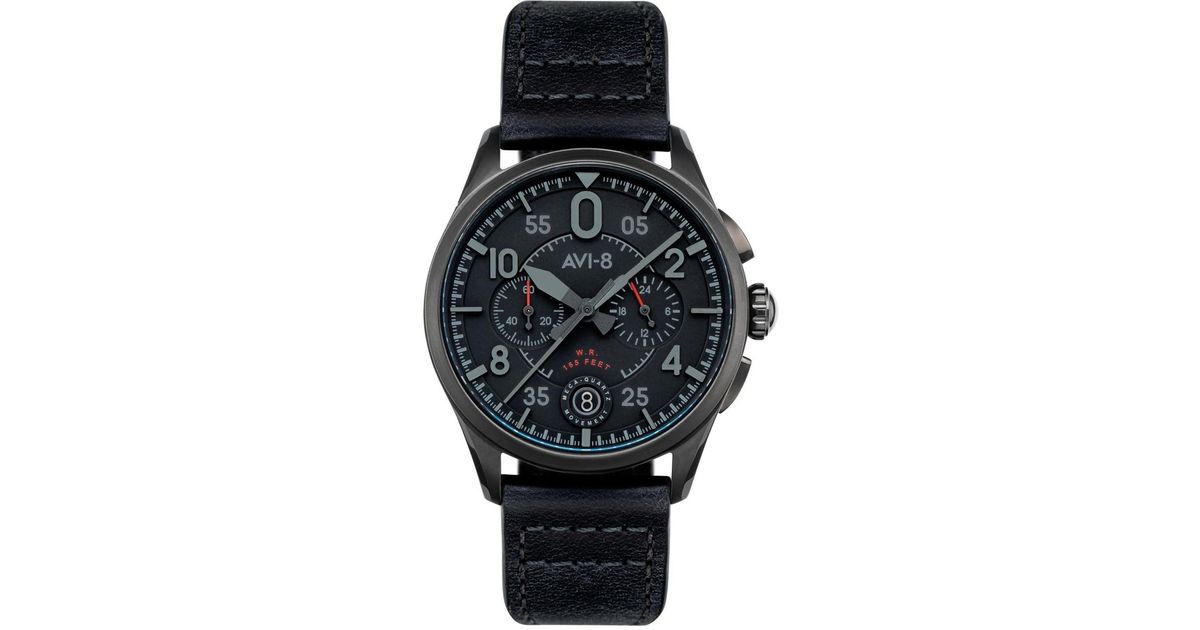 AVI-8 Spitfire Lock Chronograph Leather Strap Watch in Black for Men | Lyst