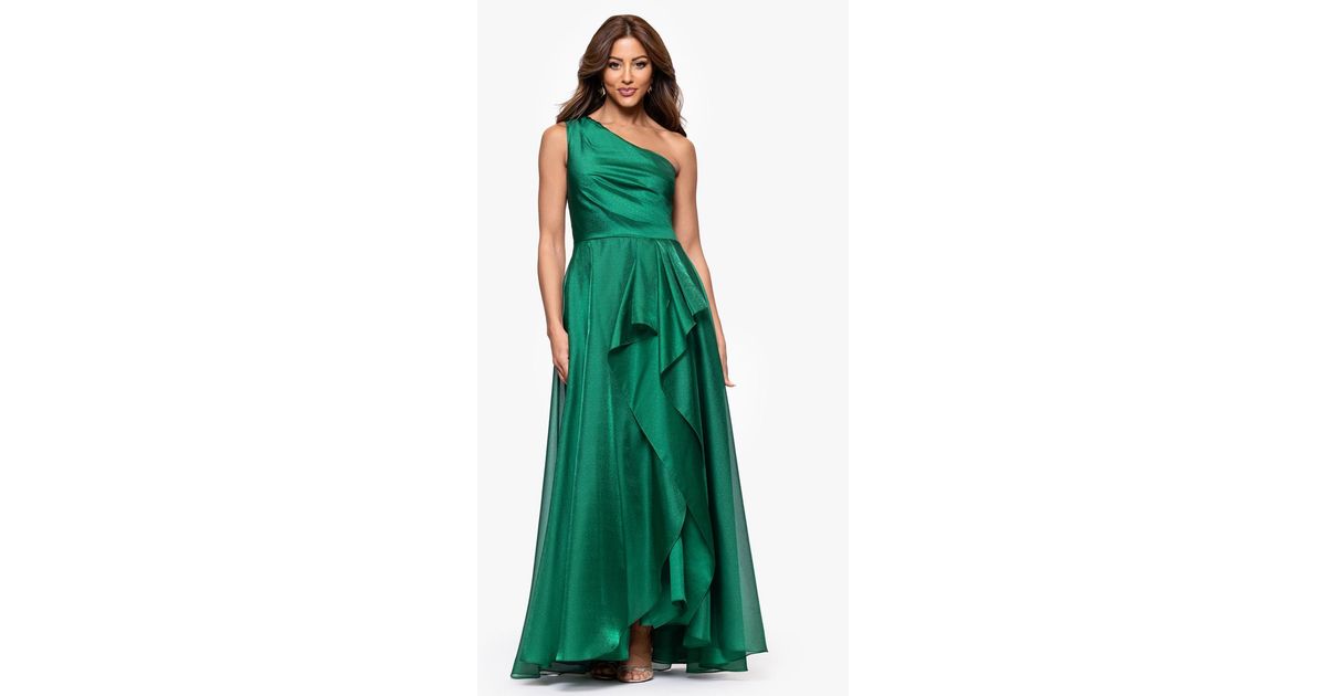 Xscape Metallic Draped One-shoulder Gown in Green | Lyst