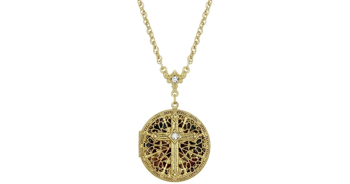 Symbols of Faith 14k Gold Dipped Crystal Cross Round Locket Necklace in ...