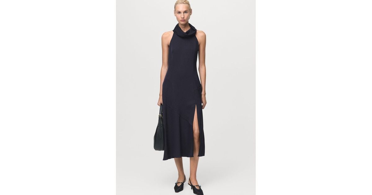 Mango Draped Neck Dress With Opening in Blue | Lyst